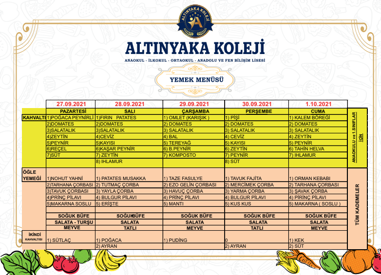 Güncel Yemek Listesi 2021 – Antalya Altınyaka Koleji – Antalya Kolej
